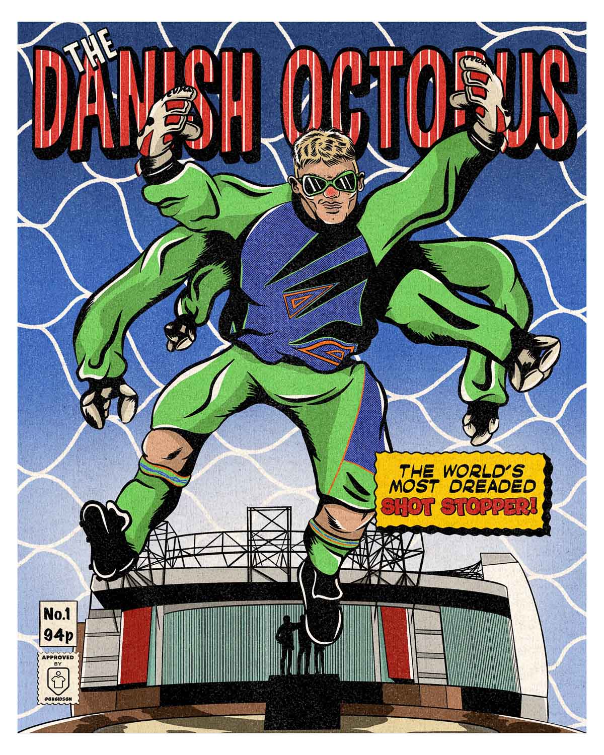 1994-96 Peter Schmeichel 'The Danish Octopus' Comic Book Superheroes A3 ...