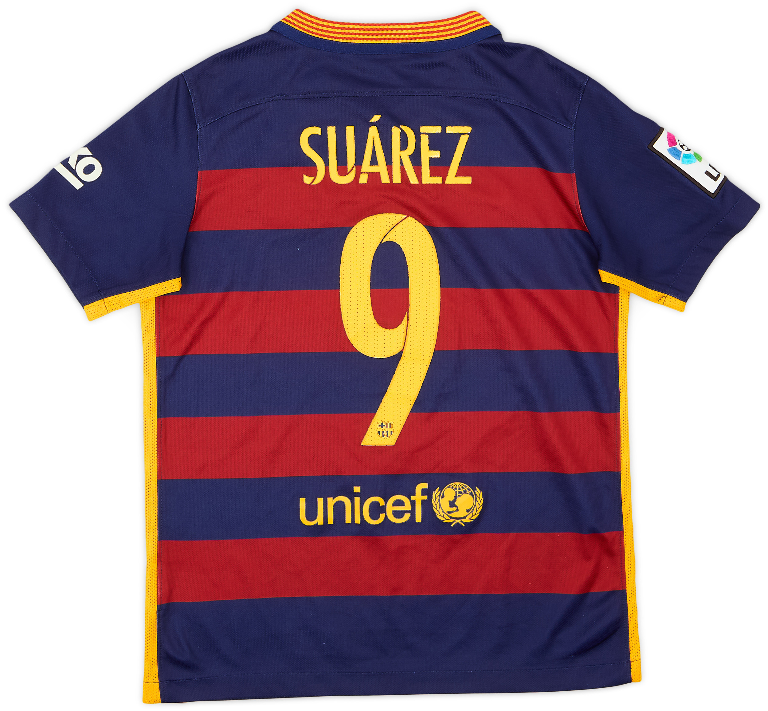 2015-16 Barcelona Home Shirt Suarez #9 - 6/10 - (M.Boys)